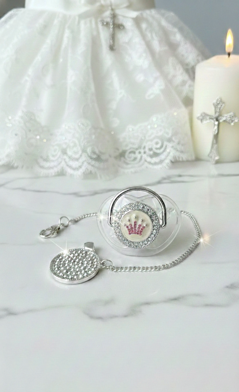 Luxury Silver Crown Baptism Pacifier & Clip | Trendy Angels – Trendy ...